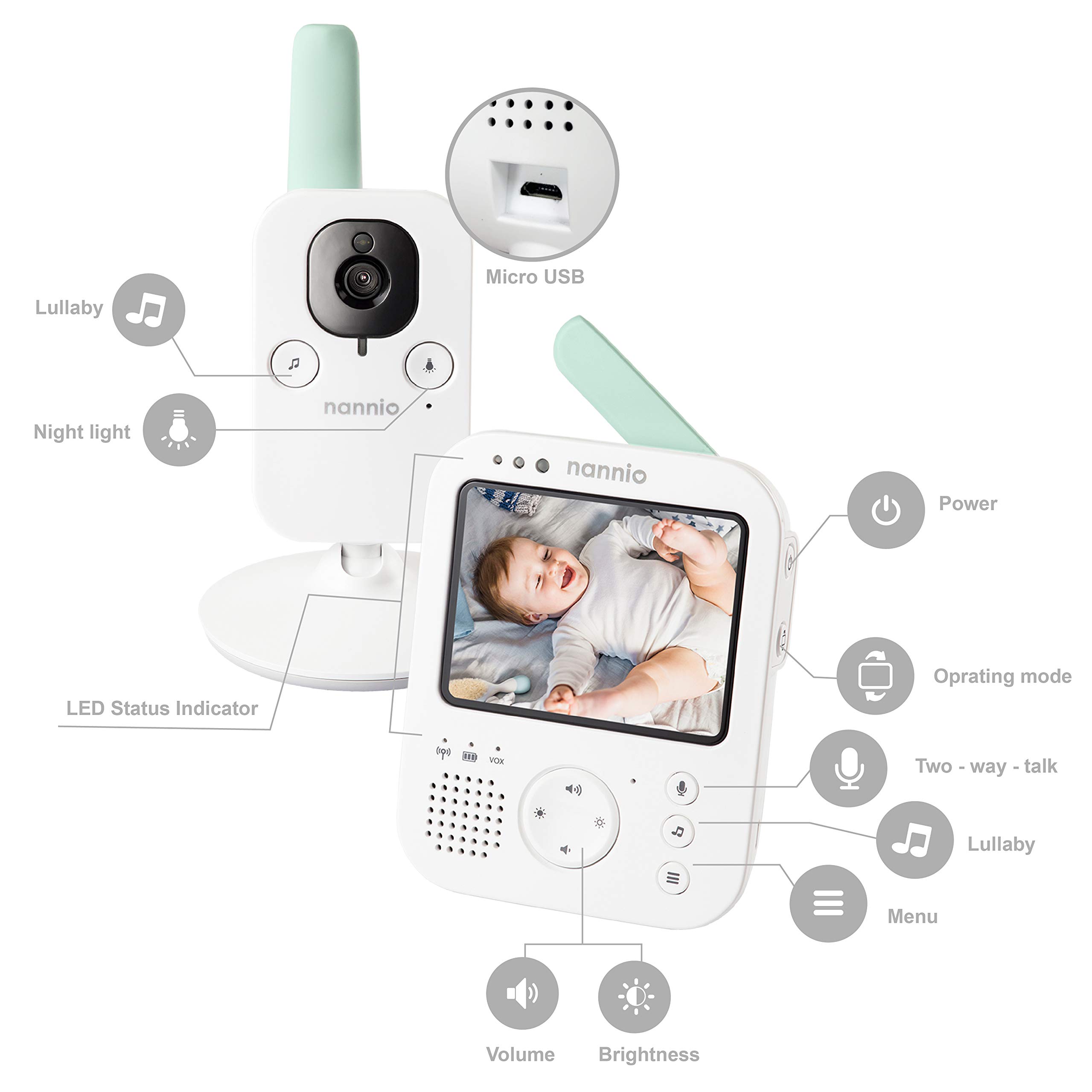 nannio Hero3 Video Baby Monitor with Night Light Vibration Assistant, 3.5" Display, Auto Night Vision, 2 Way Audio Talk, Voice Activated, Temperature Sensor and Lullabies, no WiFi, 2 Years Warranty