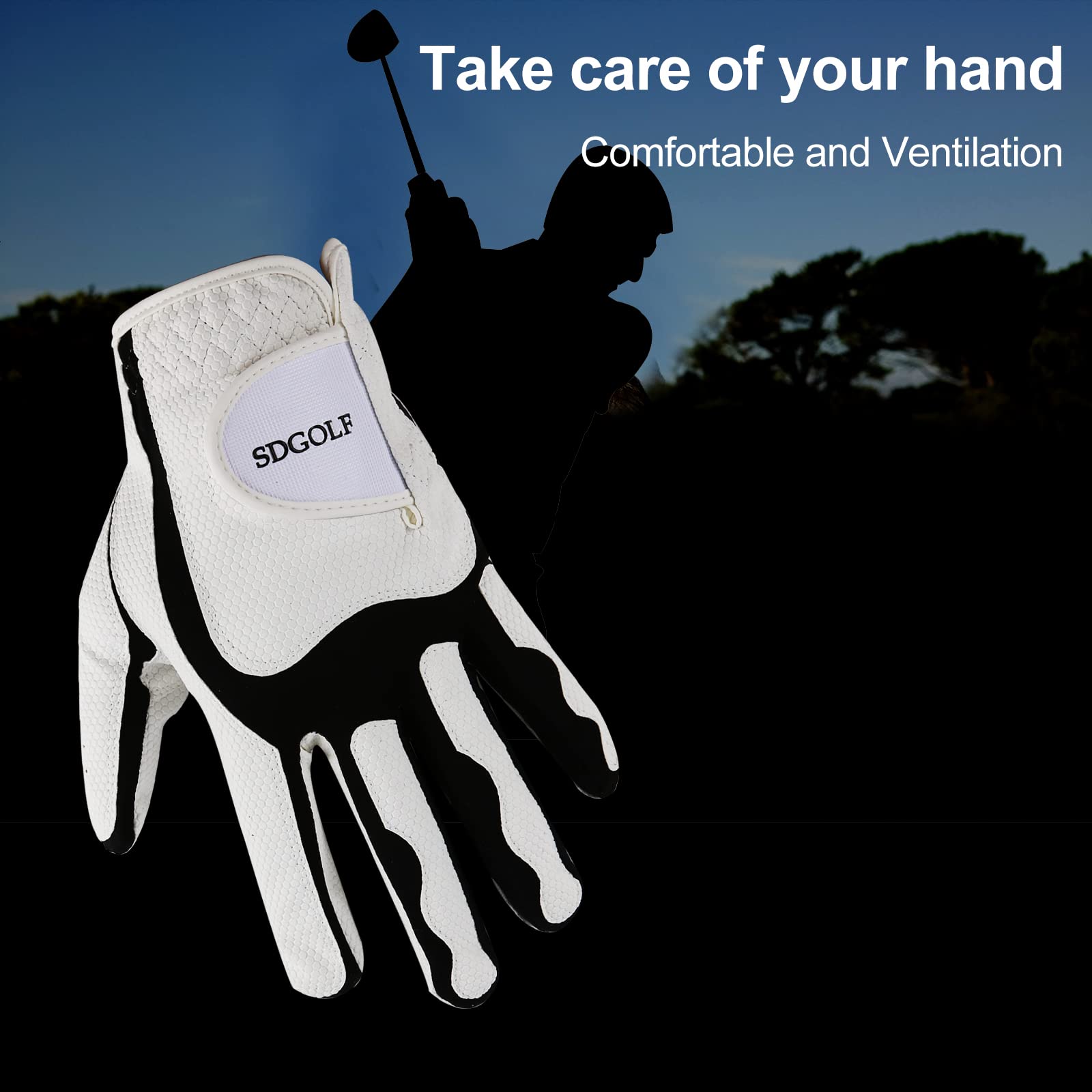 SD Golf Men's Golf Glove, New Tech Breathable Synthetic Leather (Large, White&Black)