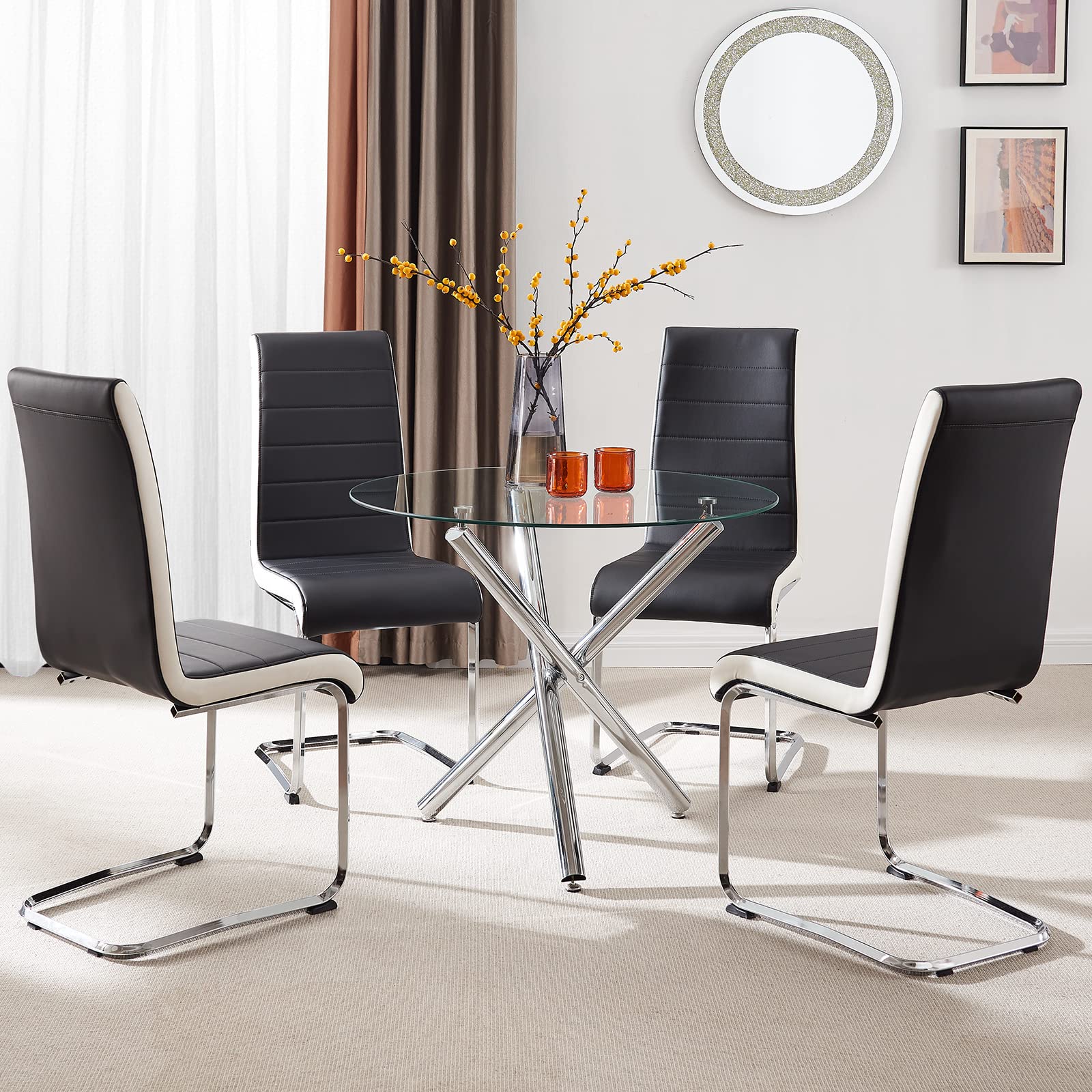 Modern Round Dining Table with Clear Tempered Glass Top, 3 Chrome Legs Kitchen Table for 2 or 4 Person,Round Dining Table Furniture for Home Office Kitchen Dining Room(W 35.4 x L 35.4 x H 29.5 inch)