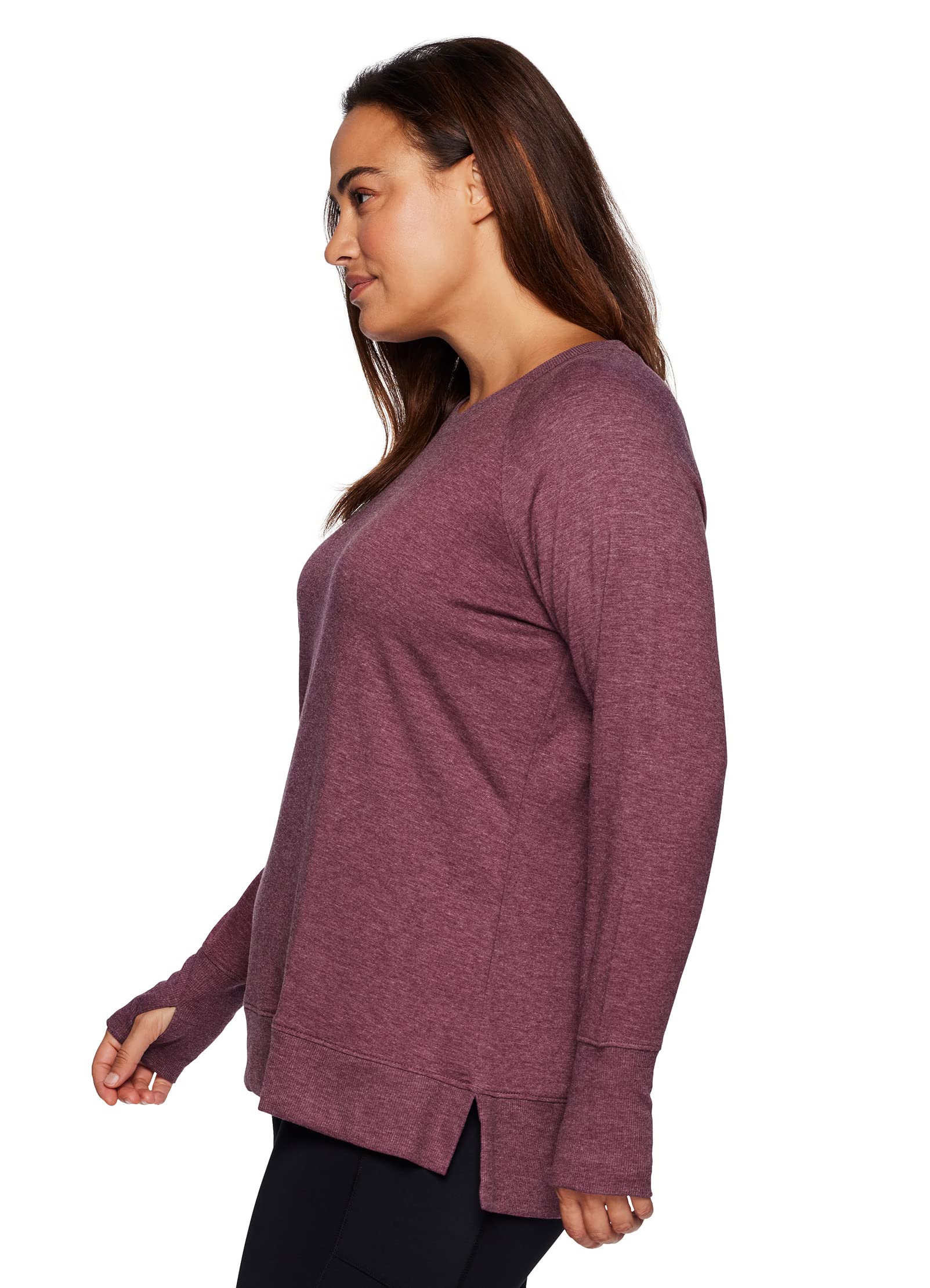 RBX Active Women's Plus Size Fashion Yoga Long Sleeve Crewneck Relaxed Fit Lightweight French Terry Pullover Tunic Solid Dark Red 1X