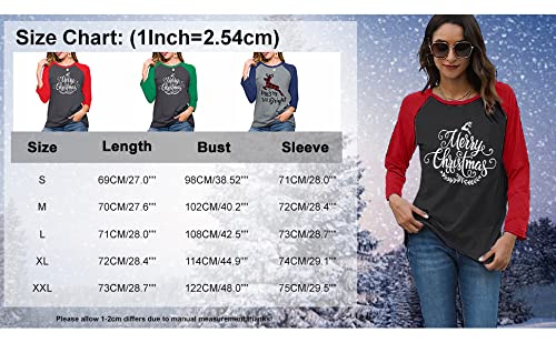 Merry Christmas Leaf Print Baseball T-shirt Women Causal Raglan Long Sleeve Tees size L (Red)