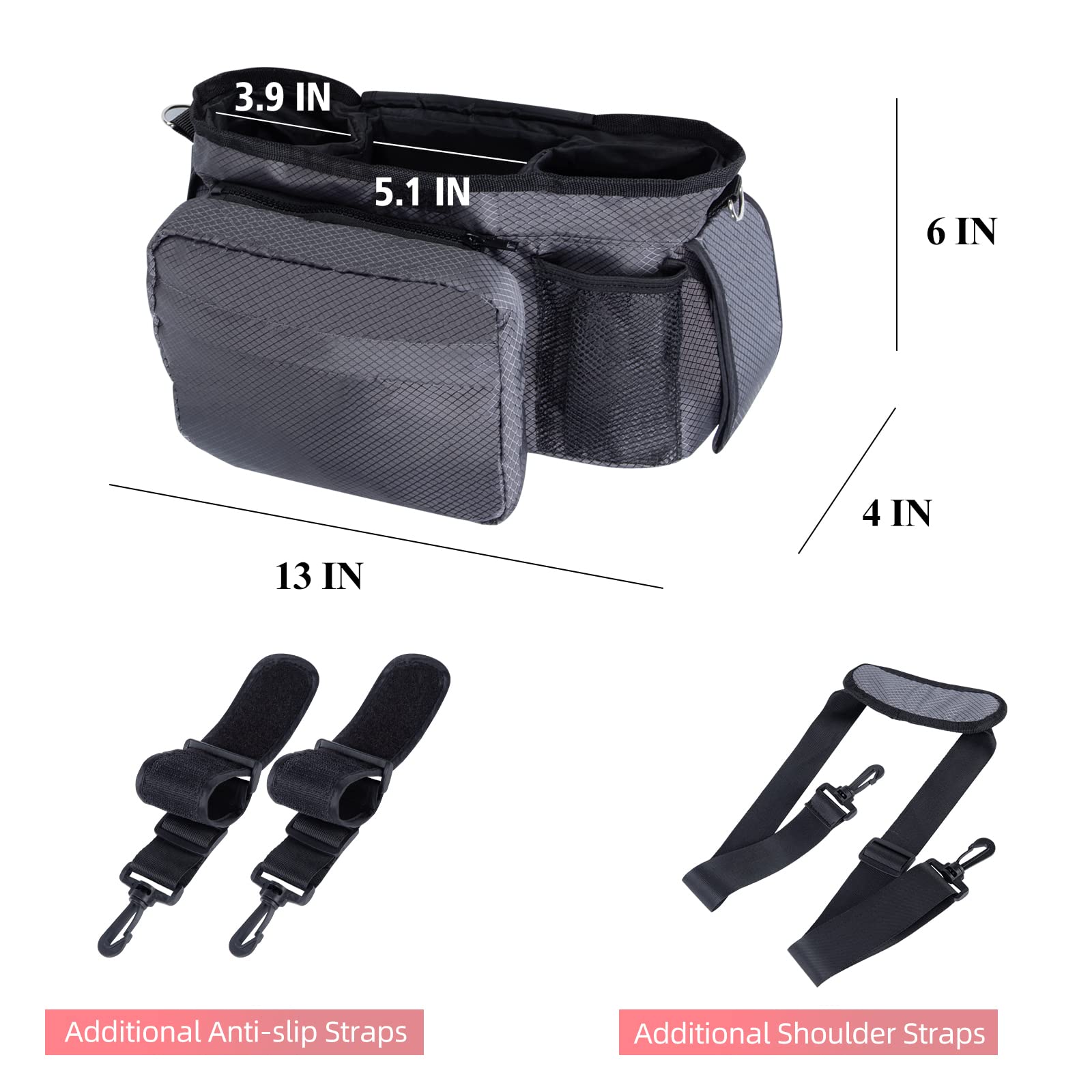 Tydast Universal Baby Stroller Organizer with Cup Holder, Detachable Zipper Pocket, Adjustable Shoulder Strap, Large Capacity for Baby Essentials, Compact Design with Non-Slip Strap Fits Any Strollers