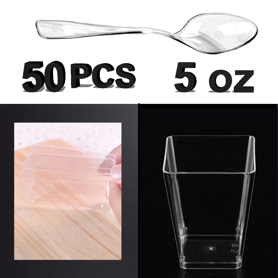 Qicfrk 50 Pack Clear Plastic Dessert Cups β5 oz Parfait Cups with Lids Disposable Mini Square Cup Shooter Cup Dessert Shooters Lids Appetizer Cups for Puddings,Ice Cream