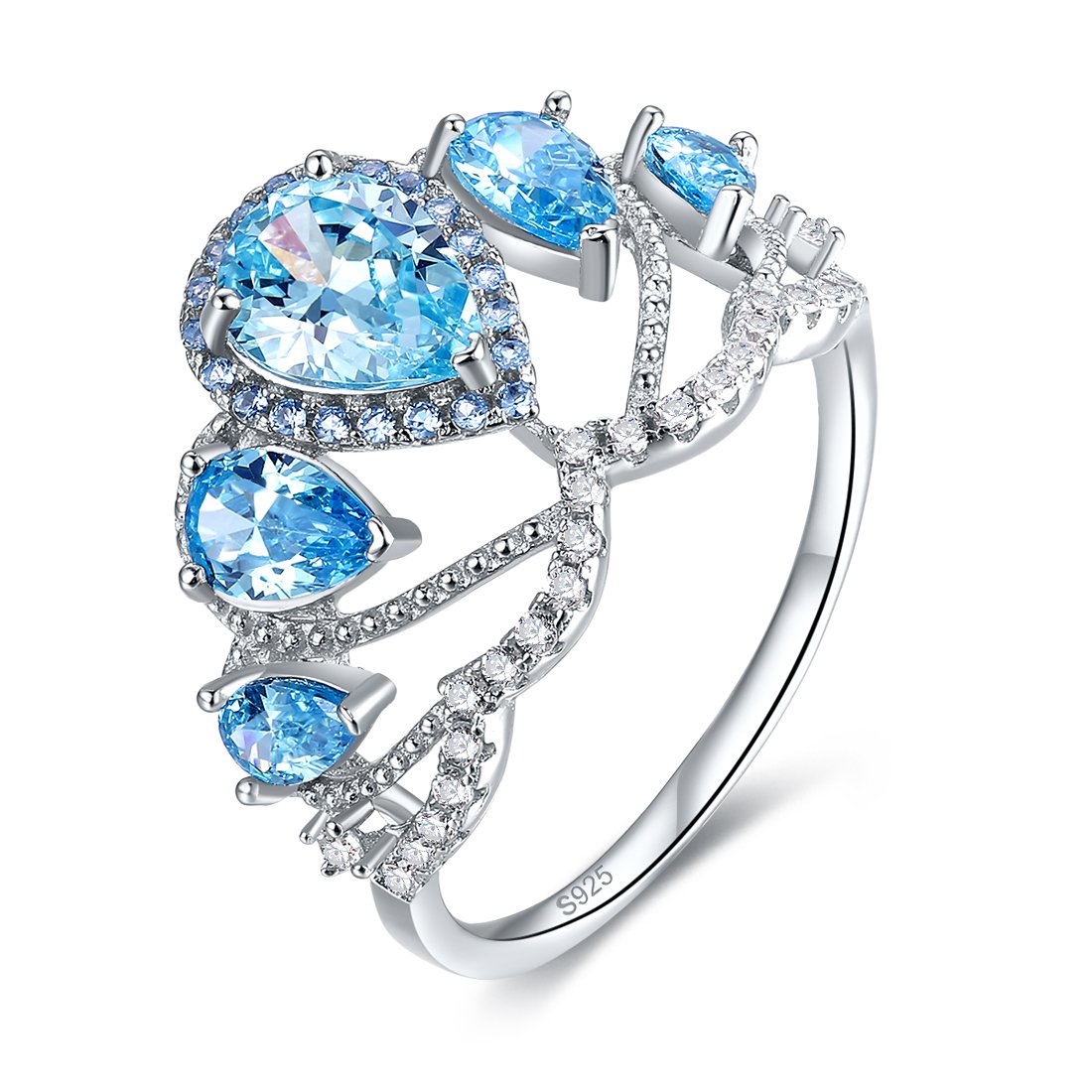 Merthus 6x8mm Pear Cut Simulated Blue Topaz 925 Sterling Silver Princess Tiara Crown Ring for Women Size 7