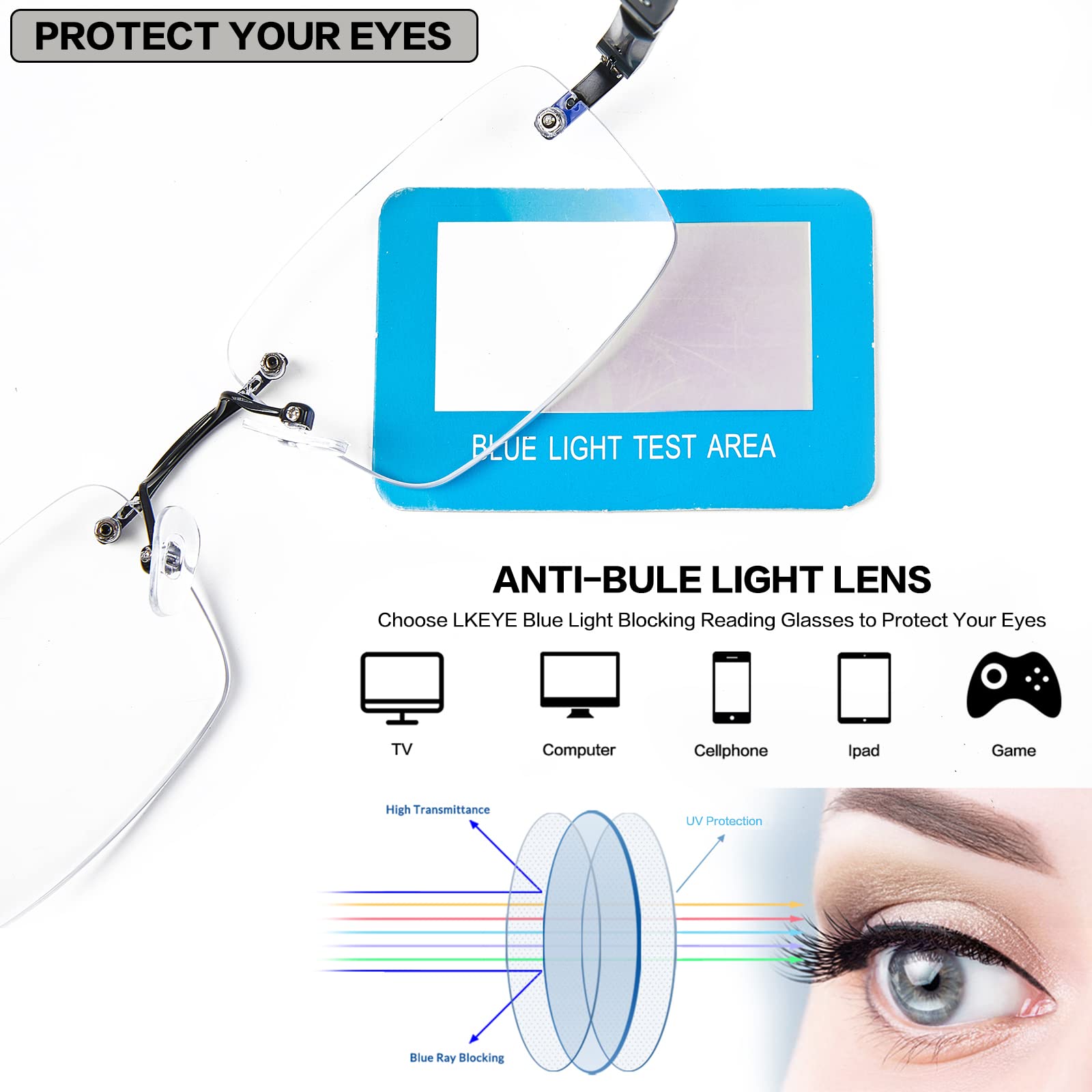 LKEYE Progressive Multifocus Reading Glasses Men Multifocal Transition Readers Blue Light Blocking Multi focus Computer Rimless Wide Metal Frame Large Head No Line Magnifying Eyeglasses LK6056 175