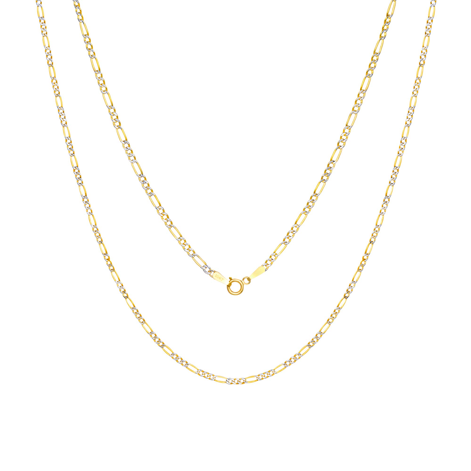 Nuragold 10k Yellow Gold 2mm Figaro Chain Link Diamond Cut Pave Two Tone Pendant Necklace, Womens Mens Jewelry 16" 18" 20" 22" 24"