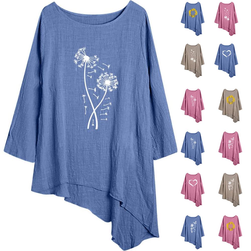 Women‘s Irregular Cotton Linen Tops Loose Printed Pullover Round Neck Shirts Fashion Thin Comfy Long Sleeve T Shirts