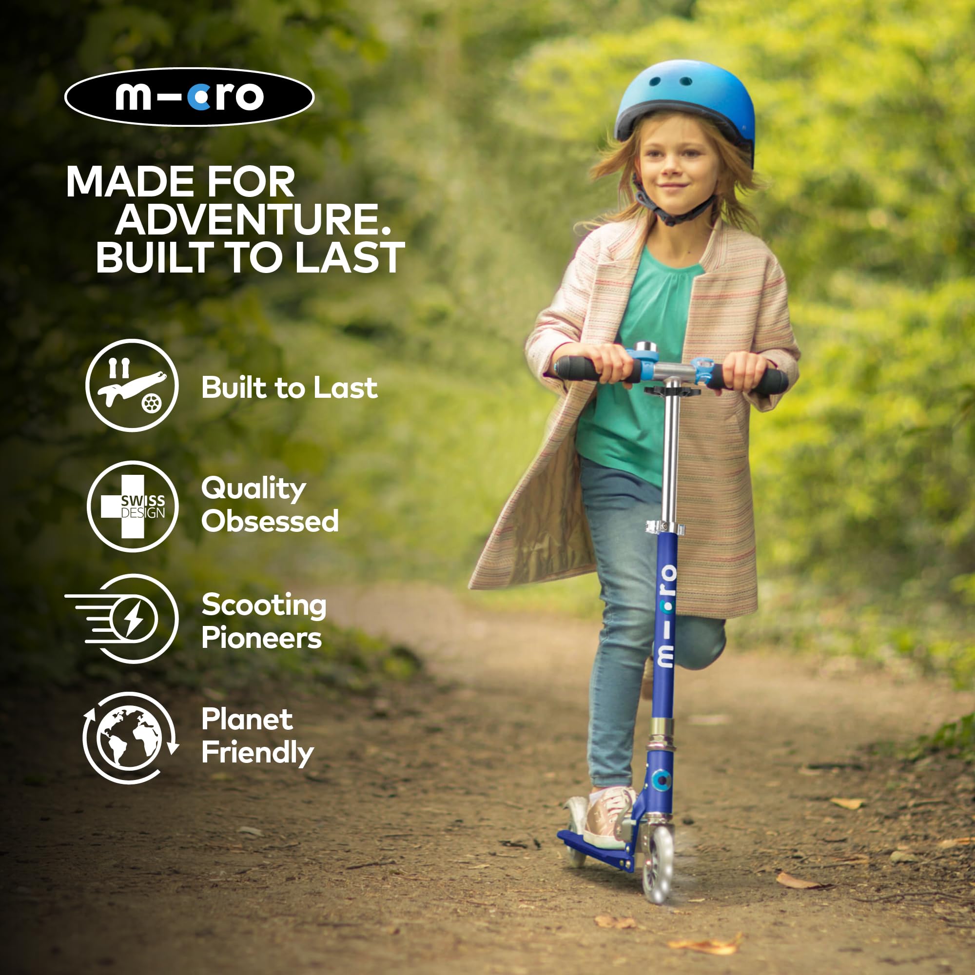 Micro Kickboard - Sprite LED - Two Wheeled, Fold-to-Carry Swiss-Designed Micro Scooter for Kids & Adults with Motion-Activated Light-Up Wheels for Ages 8+ (Blue Stripe)