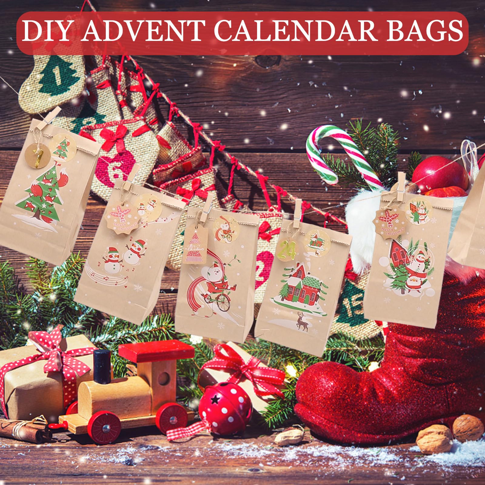 LUOZZY Bags Kraft Paper Xmas Cookies Bags Christmas Countdown Paper Bags Party Accessories