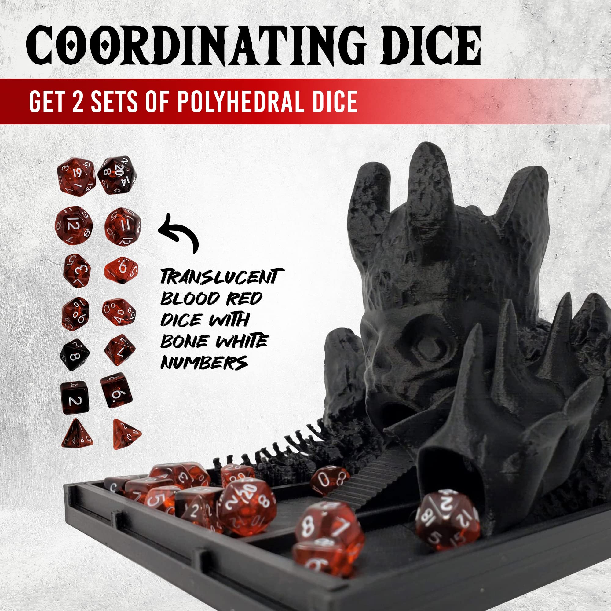 Undead King Mini Dice Tower Including 2 Sets of Mini RPG Dice and Integrated Dice Tray