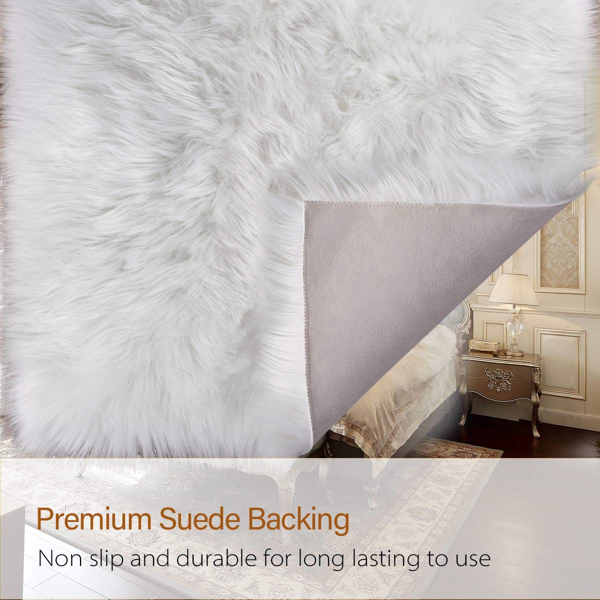 LOCHAS Soft Fluffy Faux Fur Rugs for Bedroom Bedside Rug 2x3 Feet, Washable, Furry Sheepskin Area Rug for Living Room Girls Room, Luxury Shag Carpet Home Decor, White