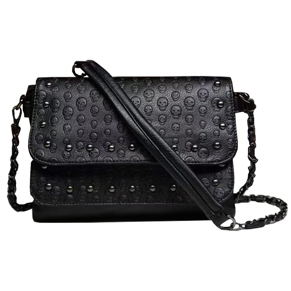 Studded Skull Messenger Bag Gift for Women, Vegan Punk Chain Bag Gothic Purse Shoulder Crossbody Rivet Handbag Black