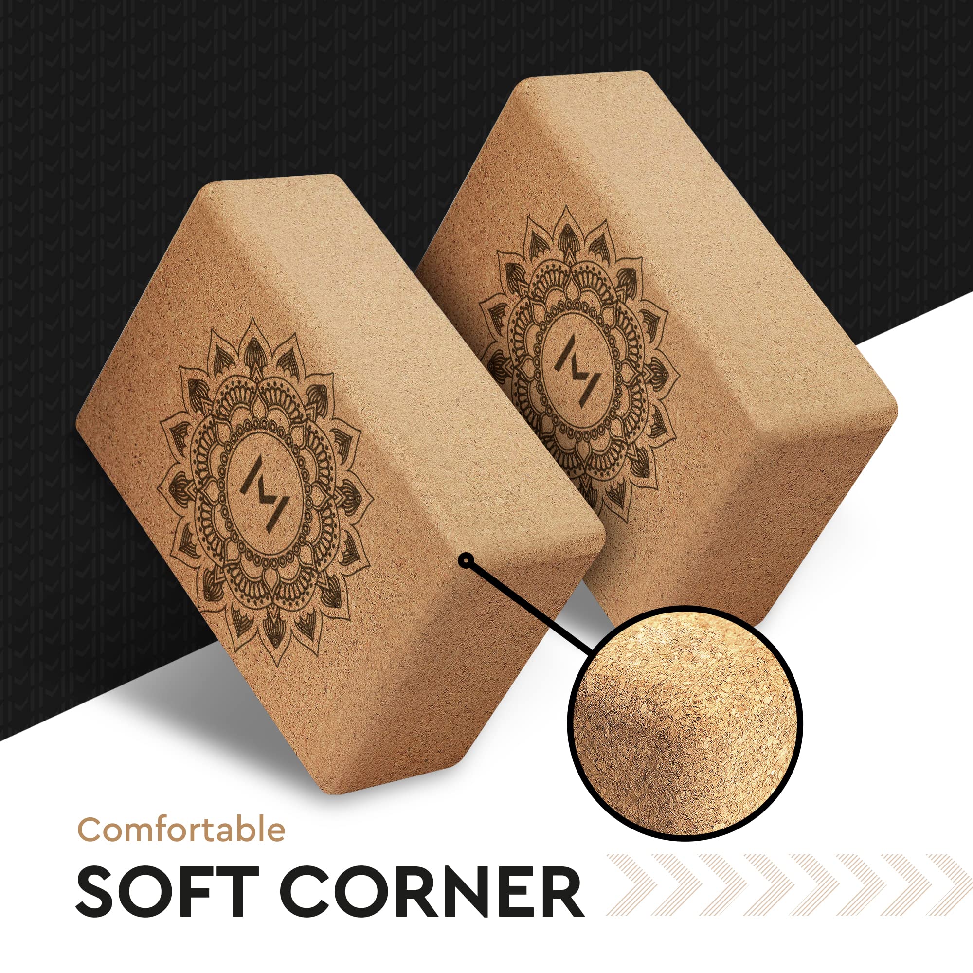 Motivated Mindset Cork Yoga Blocks | Set of 2 - Strong Material, Smooth Corners, Easy to Grip | Supports and Improves Strength, Flexibility, and Balance | Premium Design Yoga Bricks for Kids & Adults