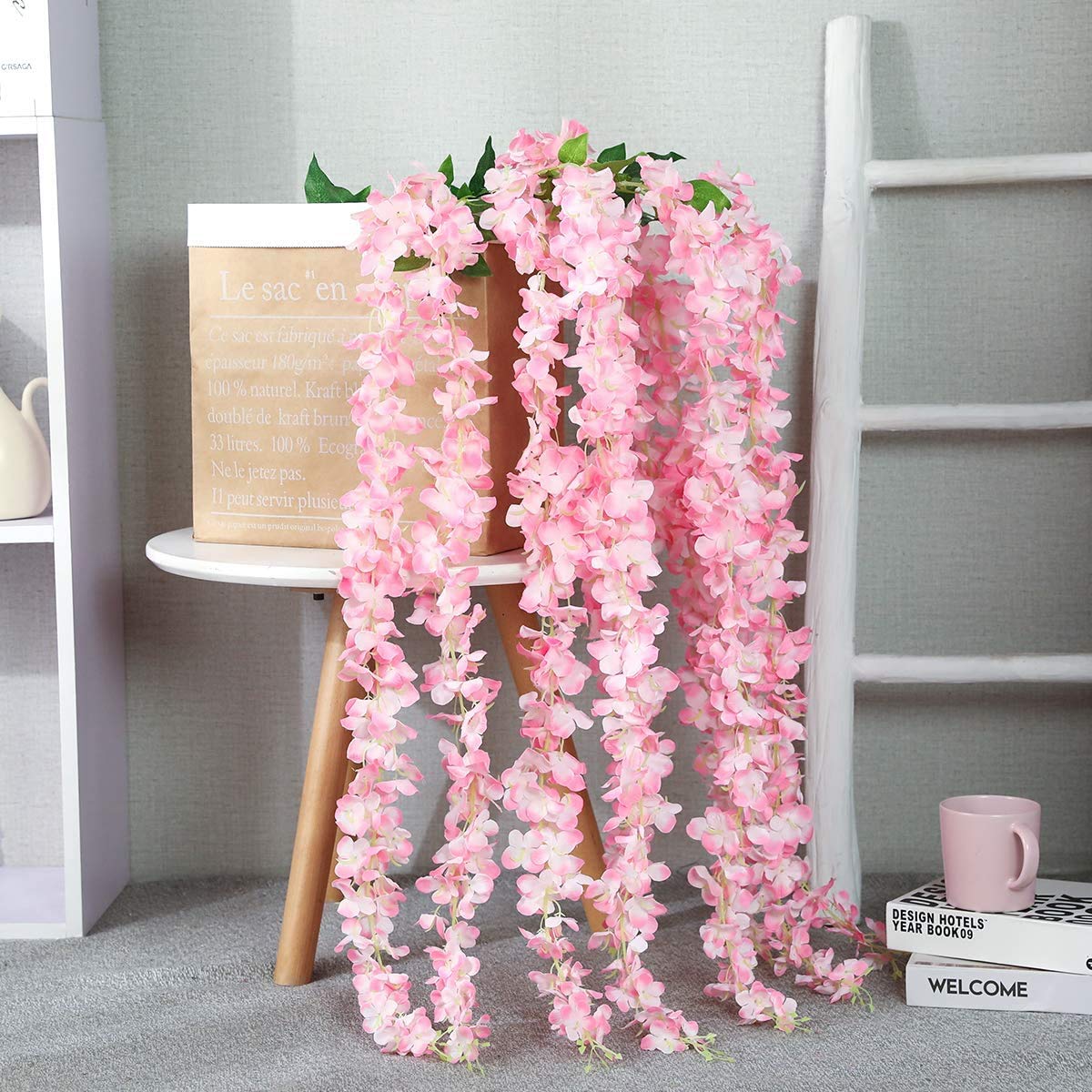 Luyue Wisteria Artificial Flowers 4.6ft Hanging Flowers Garland Vine for Wedding Party Home Decoration 6 Pack (Pink)
