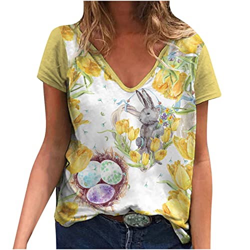 Womens Easter Shirt Loose Short Sleeve Easter Bunny Graphic Tshirts Casual Lucky Cute Animal Print Pullover Tops