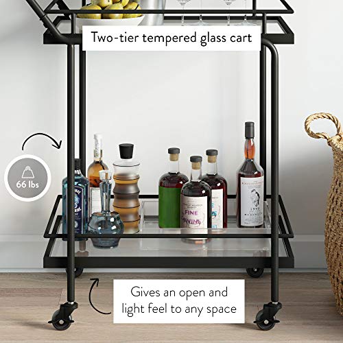 Nathan James Sally Rolling Bar or Cart for Tea or Cocktail, 2-Tiered Glass and Metal, Black