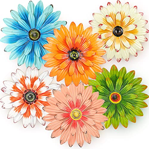 Zhehao 6 Pcs Metal Flower Wall Art Decor 8 Inch Sunflower Wall Decorations Hanging Outdoor Metal Wall Art Multicolored Handmade Metal Flowers Outdoor Decor (Elegant Color)