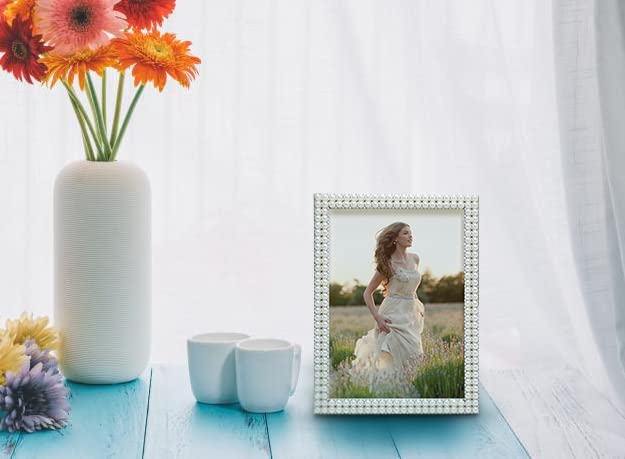 Licotom Metal Picture Frame Silver Plated with Pearls 5x7 Inch, Special Occasion Anniversary Wedding Gift Photo Frame