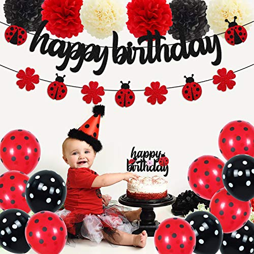 Ohiviaaa Ladybug Birthday Decorations Ladybird Happy Birthday Banner Ladybeetle Cake Topper Black Red Latex Balloon Pom Pom Flowers for Ladybug Theme Bday Party Supplies