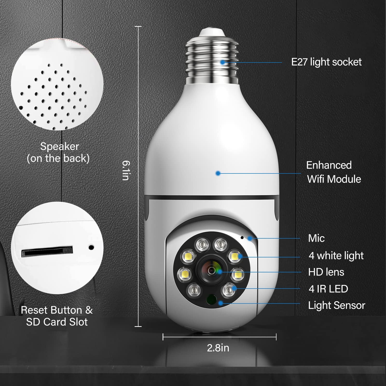 Light Bulb Security Camera Indoor Wireless, 360° Pan/Tilt Panoramic IP Camera, Support 2.4GHz Wi-Fi Surveillance Cam 3MP 1080P HD Night Vision Auto Tracking Alarm Two-Way Audio E27(Not 5GHZ WiFi)