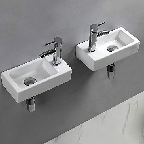 Wall Hung Basin Sink Small Cloakroom Basin Rectangle Ceramic Wash Basin Left Hand with Tap & Drain(Art Deco)