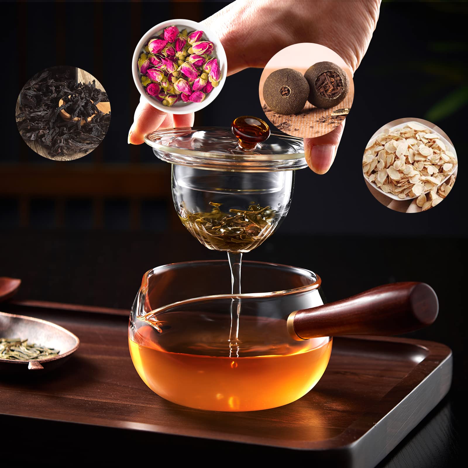 PARACITY Glass Teapot with Infuser Japanese Teapot Stovetop Safe Teapot Blooming and Loose Leaf Tea Maker with Wooden Handle Kyusu 11.8 oz 350 ml
