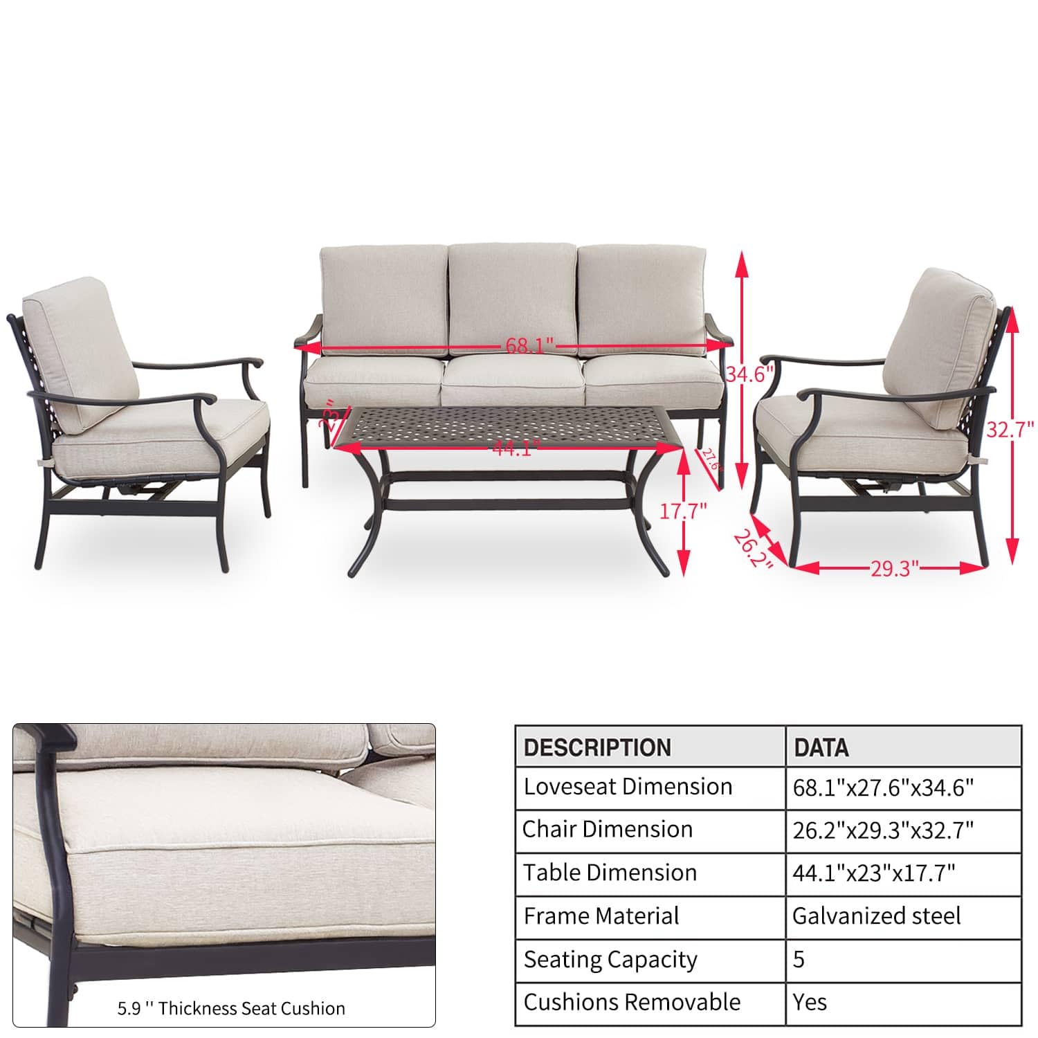 PatioFestival Patio Conversation Set Cushioned Outdoor Furniture Sets with All Weather Frame (4Pcs, Beige)