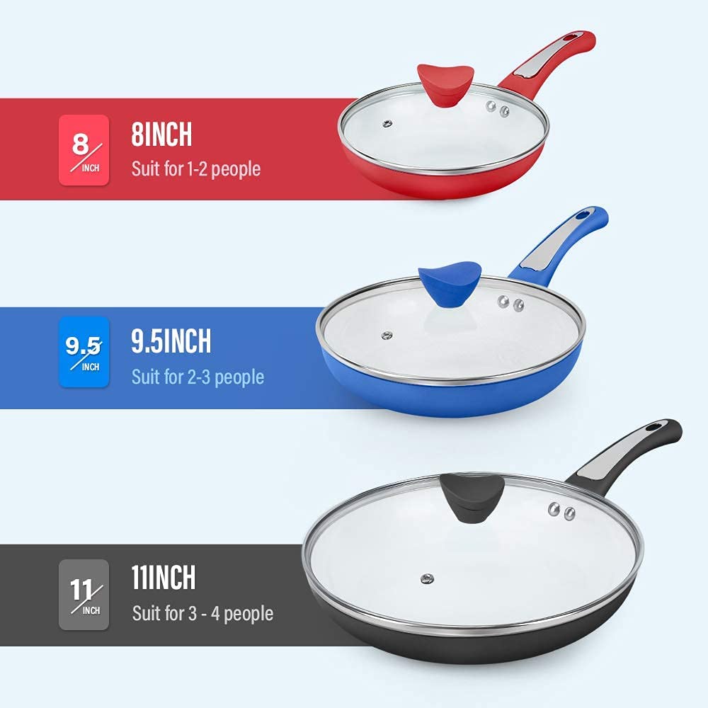 SHINEURI 6 Pieces Nonstick Pans with Lid, Nonstick Frying Pan with Lid, Ceramic Pans with Lid, Nonstick Skillet with Lids, Non-stick Skillet, Ceramic Skillets, Ceramic Nonstick Pan Set - 8/9.5/11 inch