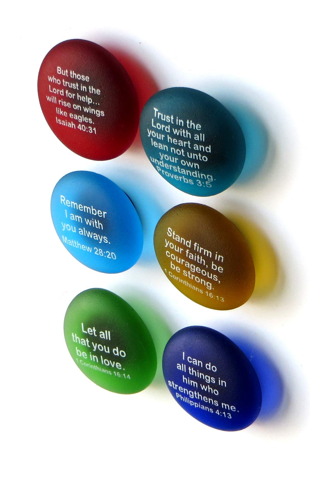 Scripture Magnets, Your Favorite Inspirational Bible Verses Printed On Frosted Sea Glass Stones, Attached to Super-Strong Magnets. by Lifeforce Glass