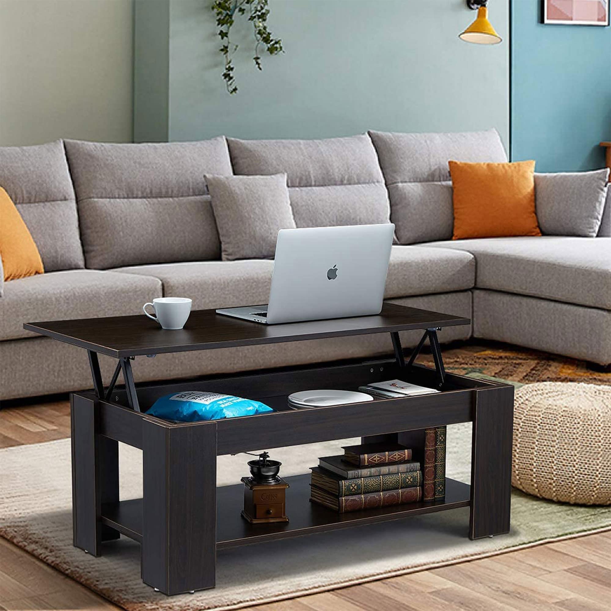 MELLCOM Lift Top Coffee Table,Rustic Coffee Table Lift Tabletop with Hidden Compartment,Pop-Up Storage Cocktail Table with Adjustable Steel Frame, Dining Table for Living Room, Wood/Dark Brown