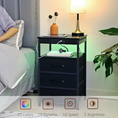 LOAKEKEL Night Stand Set 2, LED Nightstand with Charging Station, End Tables with USB C Port and Outlets, Bedside Table with 3 Storage Fabric Drawers for Bedroom, Small Space, Black, HNS023BK