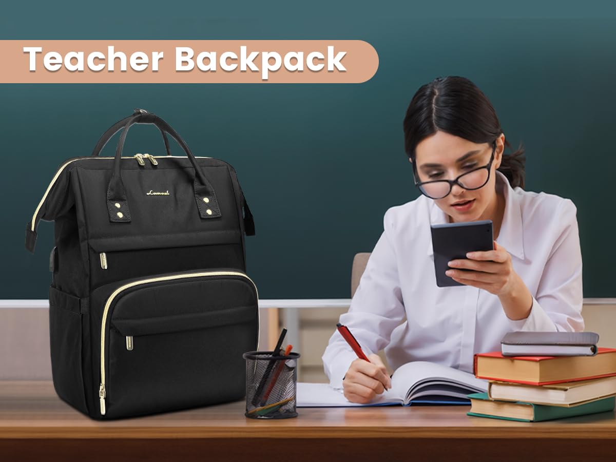 LOVEVOOK Laptop Backpack Women Teacher Backpack Nurse Bags, 17 Inch Womens Work Backpack Purse Waterproof Anti-theft Travel Back Pack with USB Charging Port (Black)