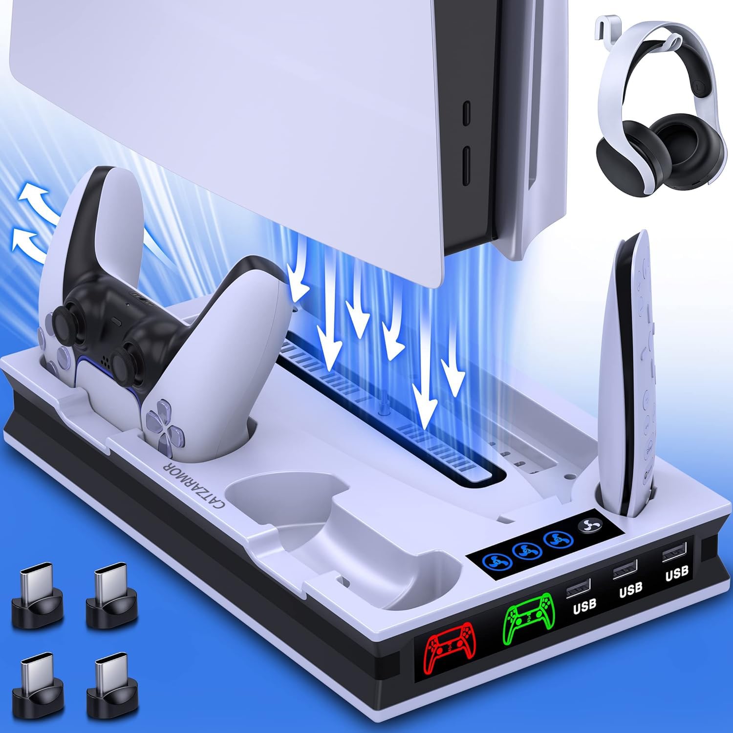 Stand Cooling Fan with Dual Controller Charging Station for PlayStation 5 Console Disc and Digital Editions, for PS5 Holder Accessories with 3 Level Cooling Fan, Headset Holder, 3 USB Hub,Media Slot