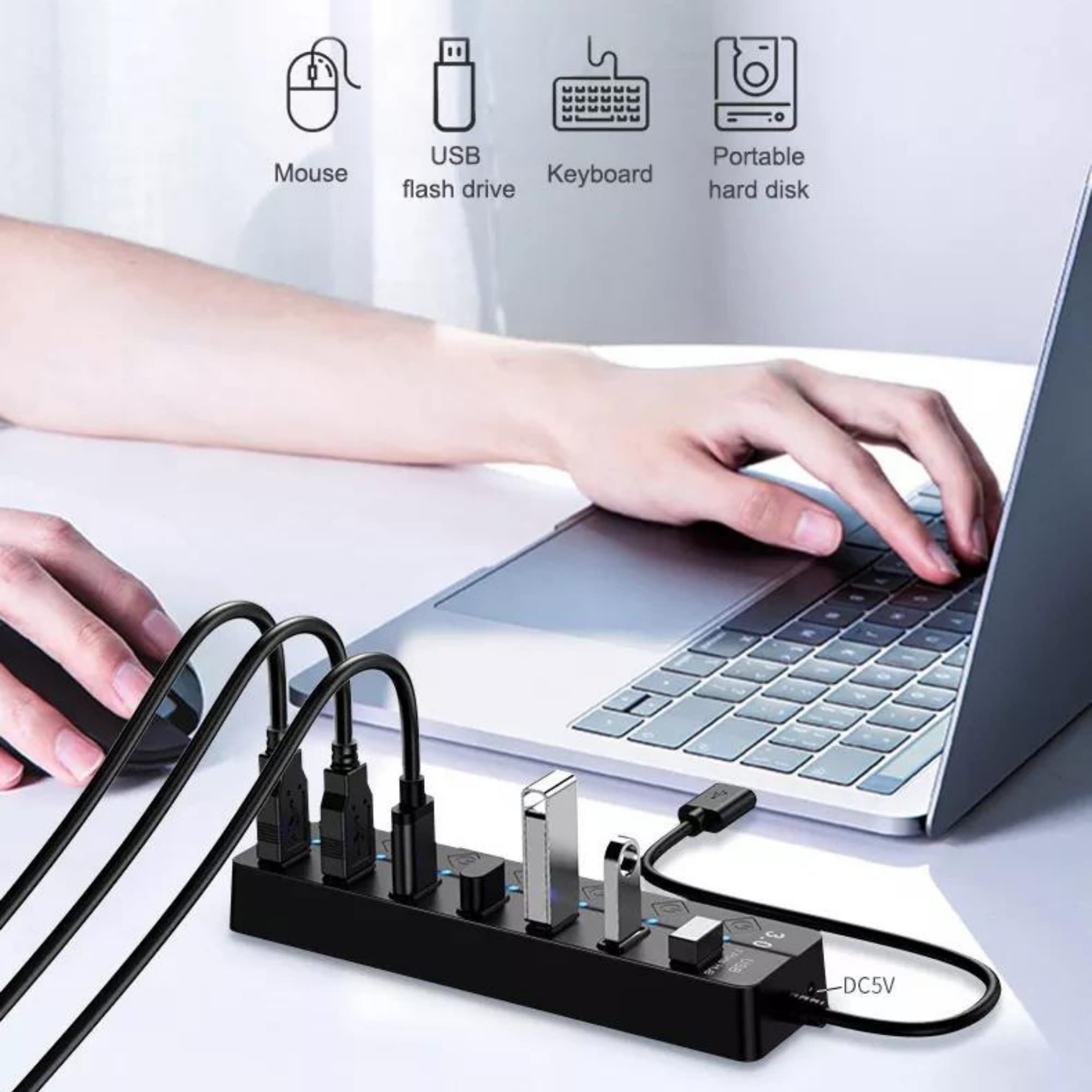 USB 3.0 Hub 7 Port Splitter with Individual On/Off LED Switches, High-Speed Data USB Extender Charging Station Extension for Laptop, USB Flash Drives, Mobile HDD, Printer, Camera and More