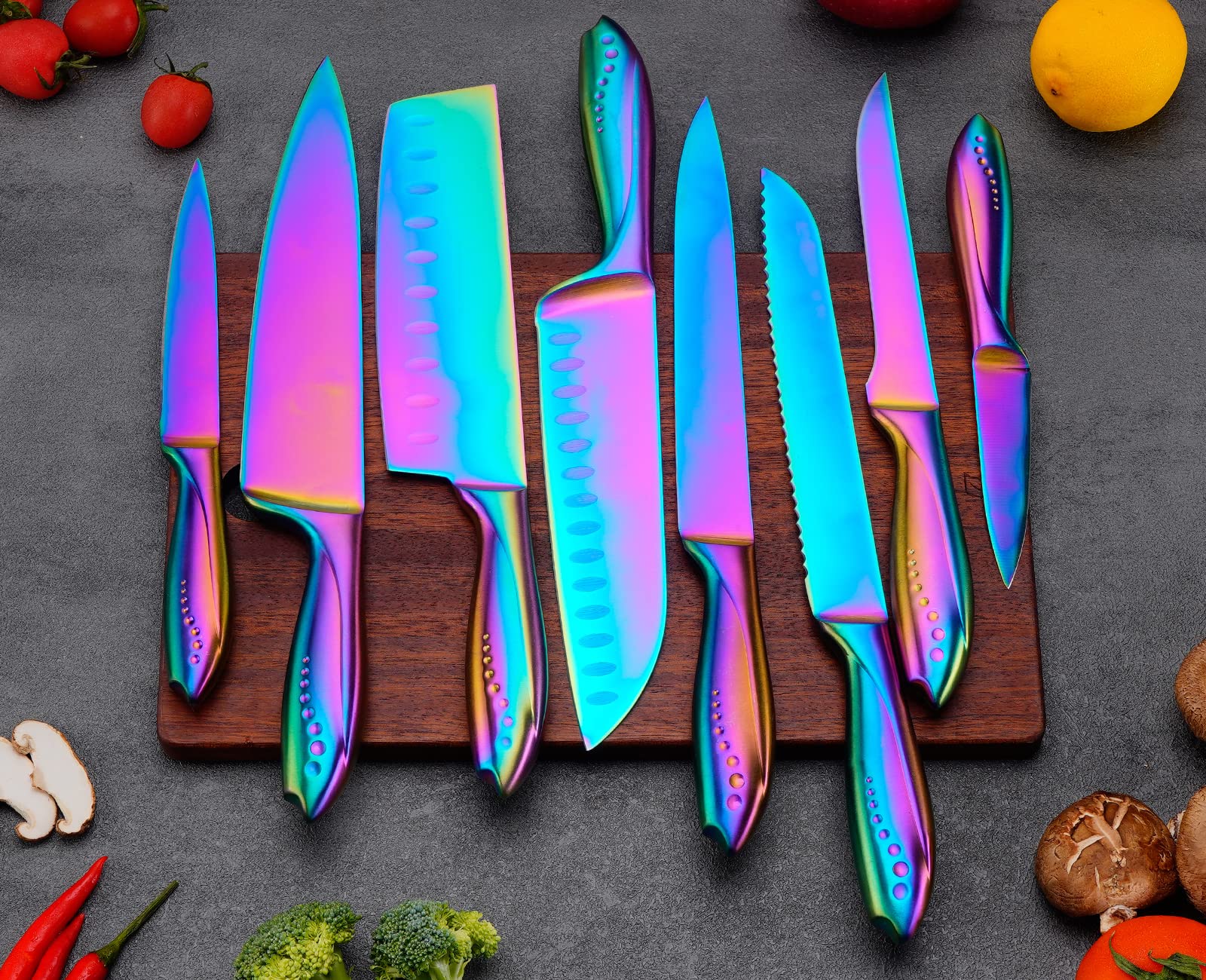 WELLSTAR Rainbow Knife Set 16 Pieces with 8 Knives and 8 Blade Guards, Iridescent German Stainless Steel Kitchen Knives with Durable Sheath Cover, Colorful Titanium Coated Chef’s Cooking Knife Set