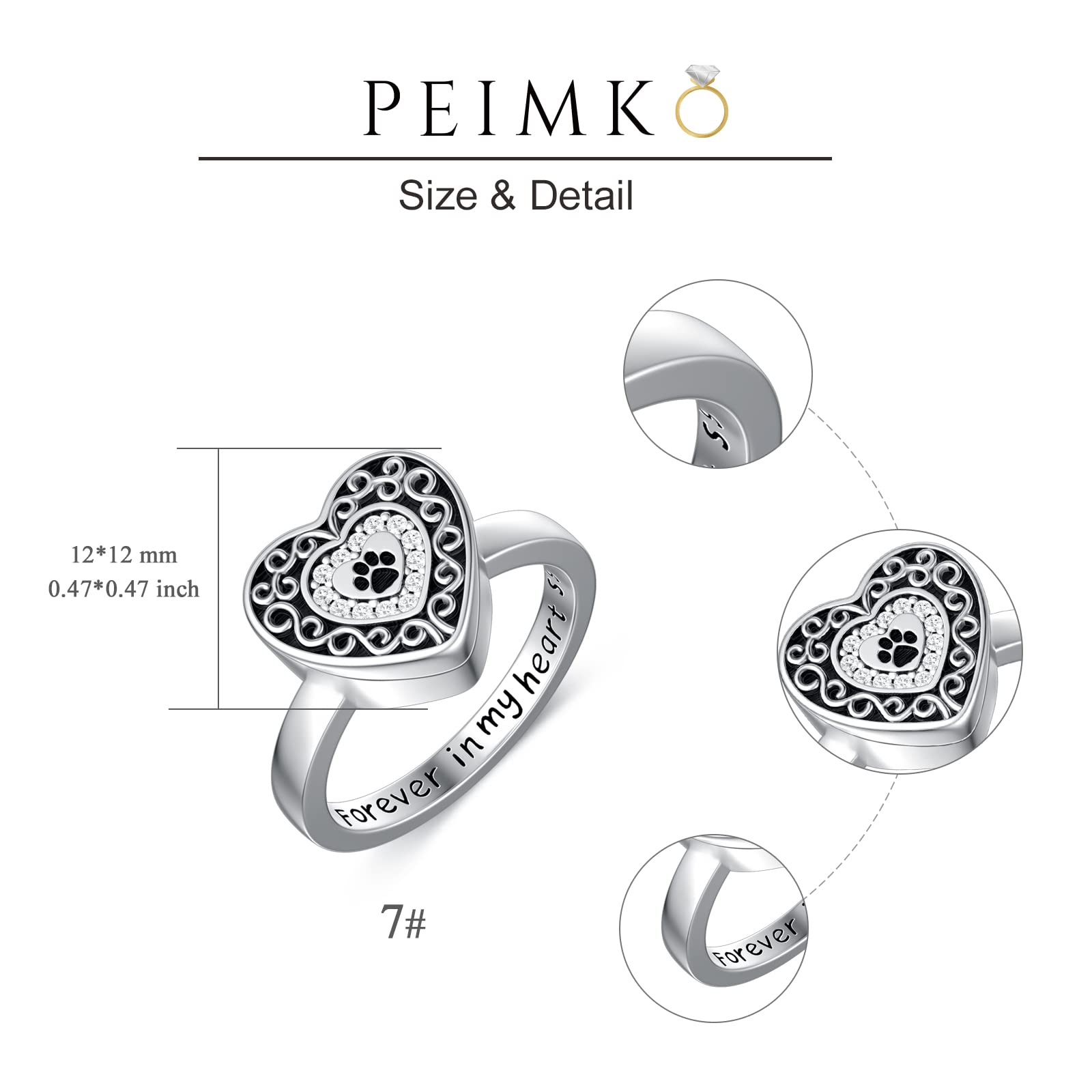 PEIMKO 925 Sterling Silver Heart Urn Rings Engraved Forever in My Heart Paw Print Urn Ring,Cremation Keepsake Urn for Ashes Pet Ashes Size 6-8(2)