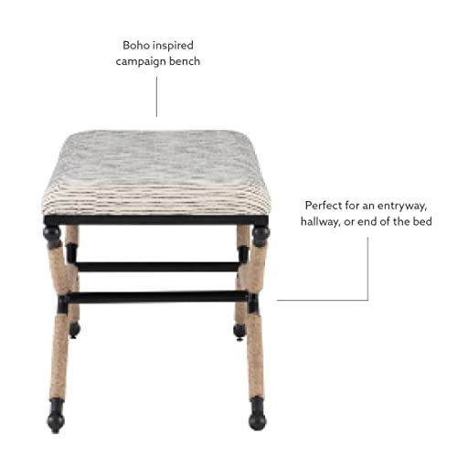 Linon Upholstered Seat Farrow Metal Campaign Bench, Black/White Striped