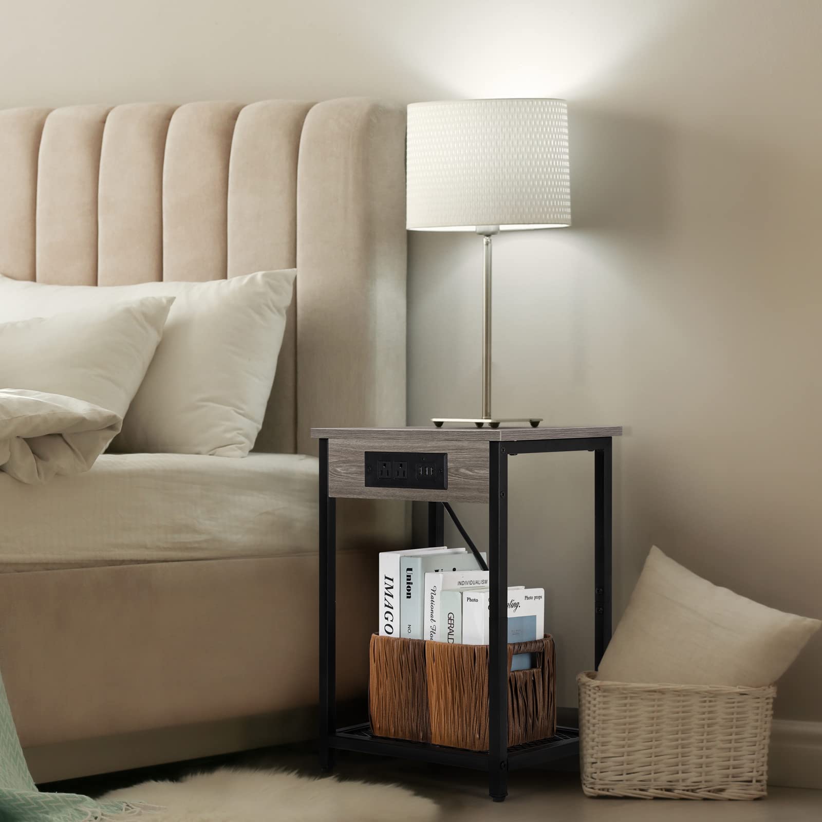 melos Nightstands with Charging Station, 2 Tier Bedside Table with USB Ports and Outlets, Narrow End Table with Storage Shelf, Side Tables for Bedroom, Living Room, Gray