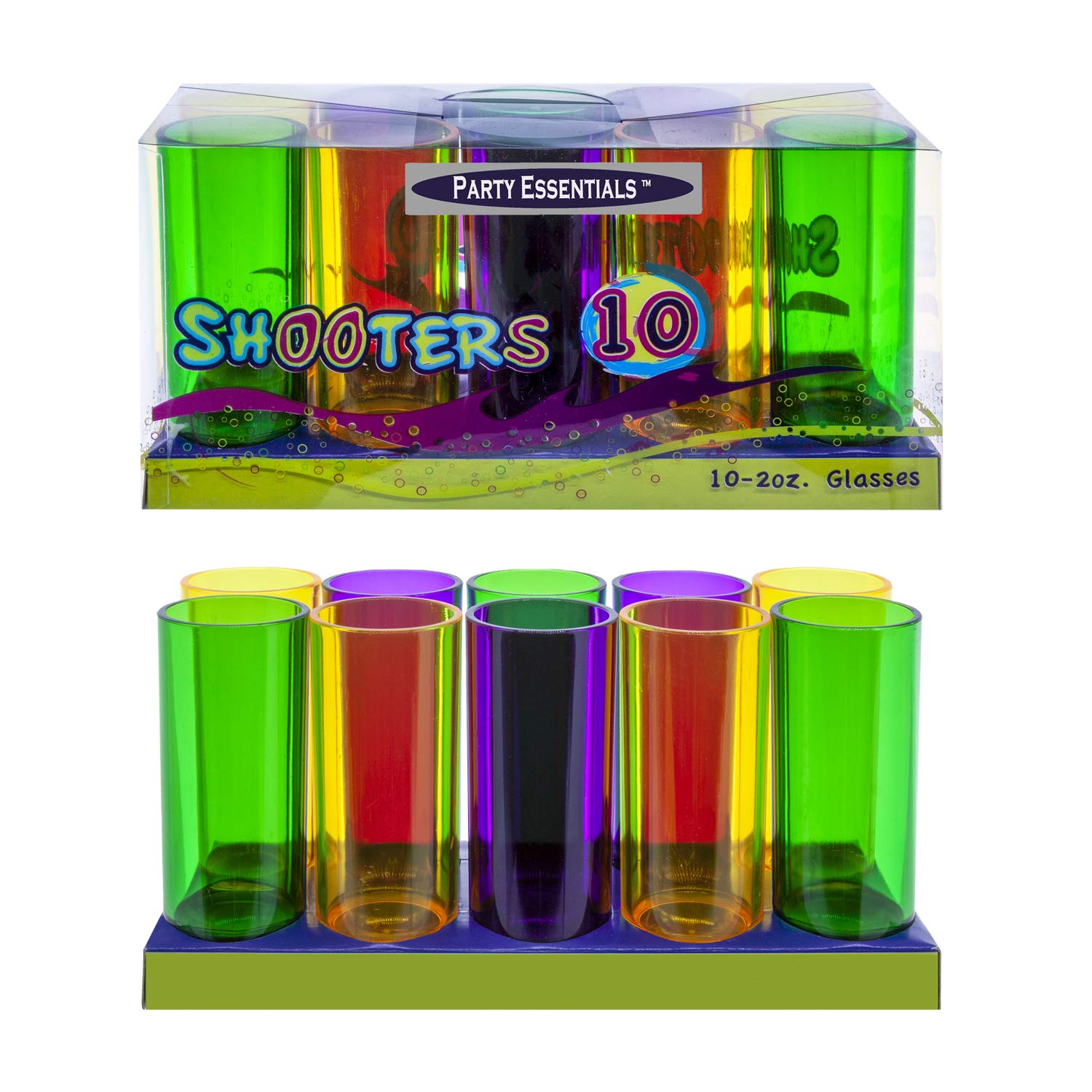 Party Essentials Hard Plastic 2-Ounce Shot Glasses/Shooters, 10 Count, Mardi Gras Mix