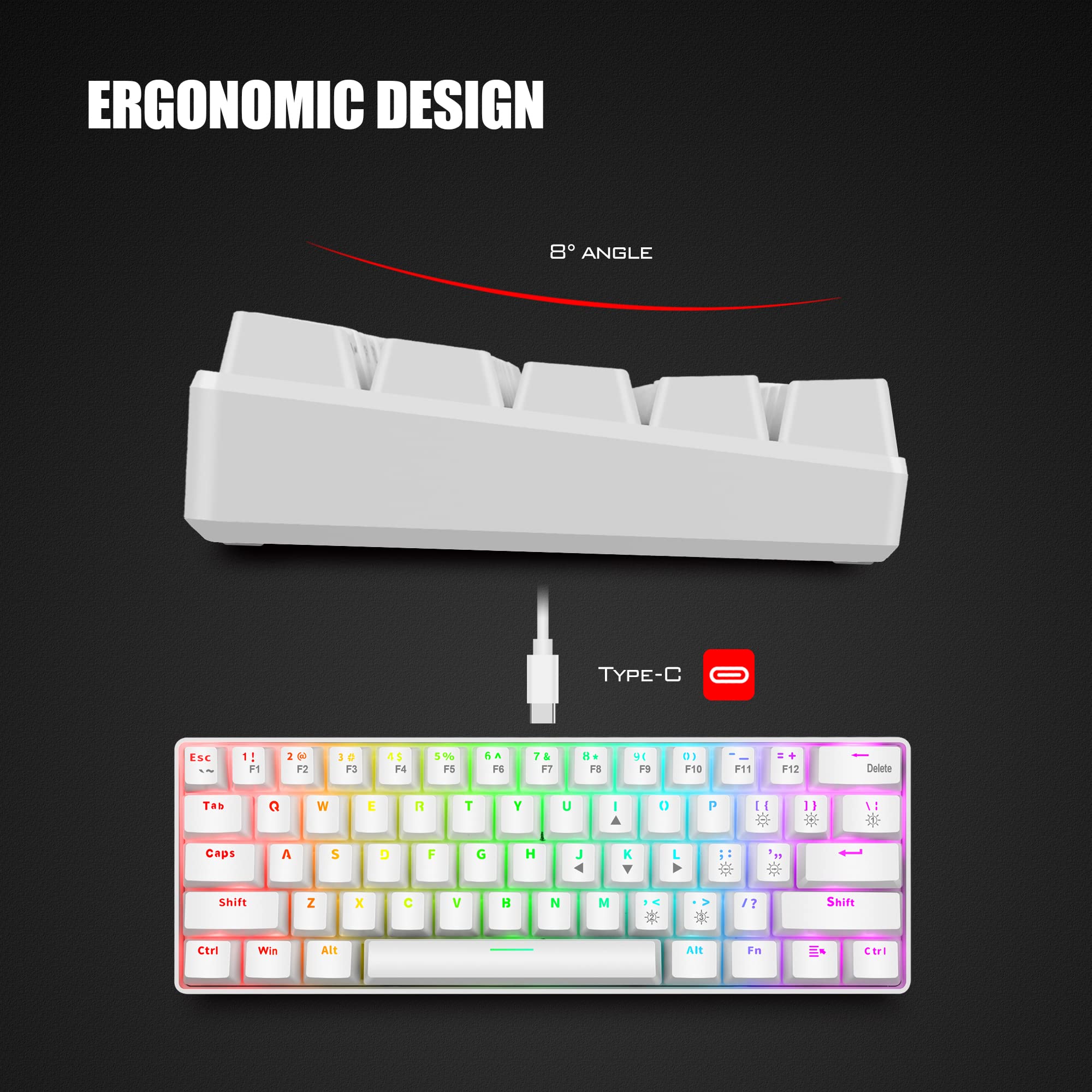 RedThunder 60% Wired Mechanical Gaming Keyboard, 61 Keys Ultra-Compact Keyboard, PBT Keycaps, RGB Backlight for PC (Red Switch, White)