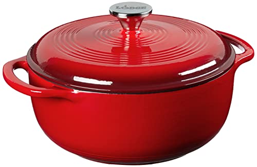 Lodge 4.5 Quart Enameled Cast Iron Dutch Oven with Lid ā Dual Handles ā Oven Safe up to 500° F or on Stovetop - Use to Marinate, Cook, Bake, Refrigerate and Serve ā Island Spice Red