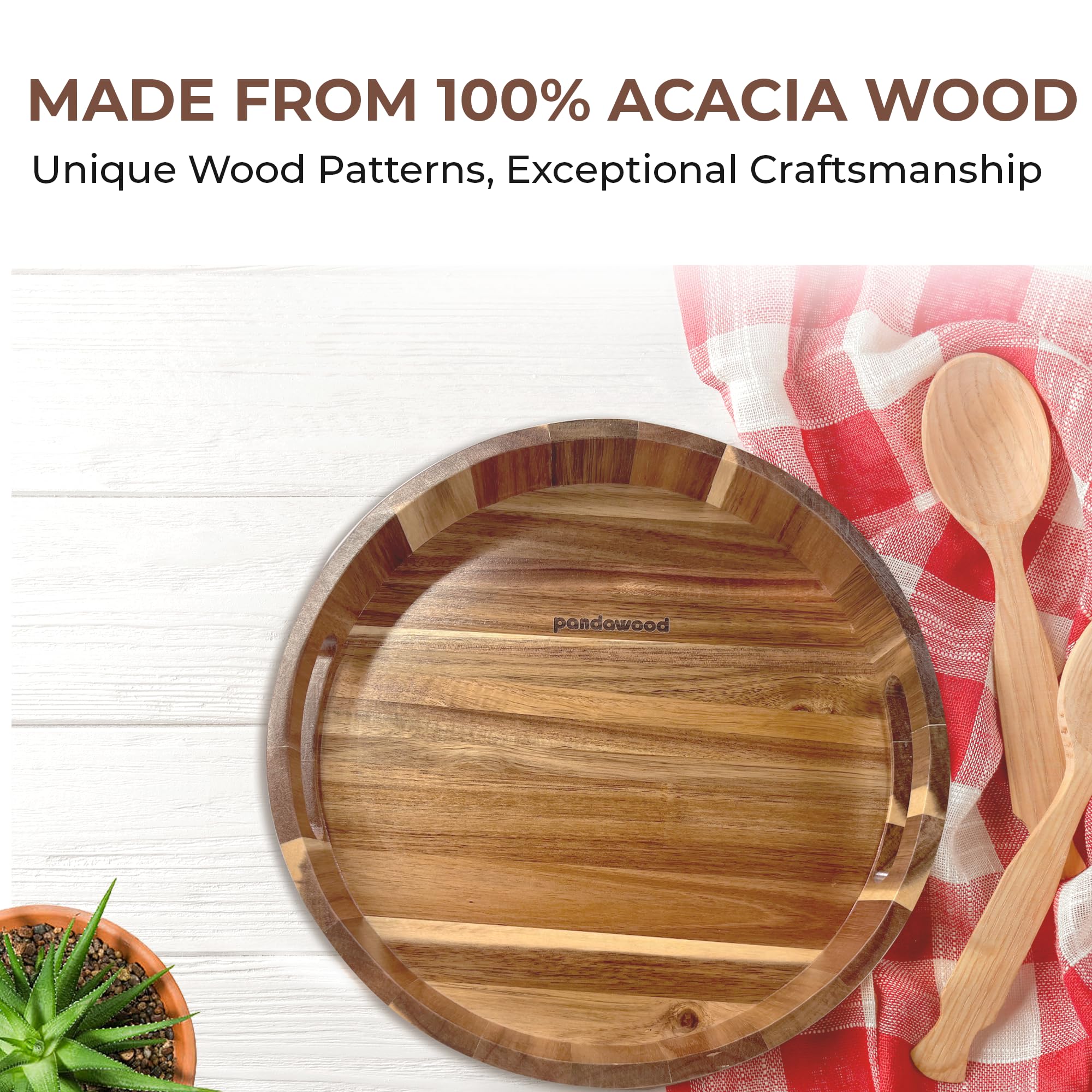 PANDAWOOD 12 Inch Lazy Susan Organizer 100% Acacia Wood - Large Lazy Susan Turntable Organizer for Cabinet, Dining Table, Bathroom, Pantry - Kitchen Cabinet Countertop Organizer - Spice Lazy Susan
