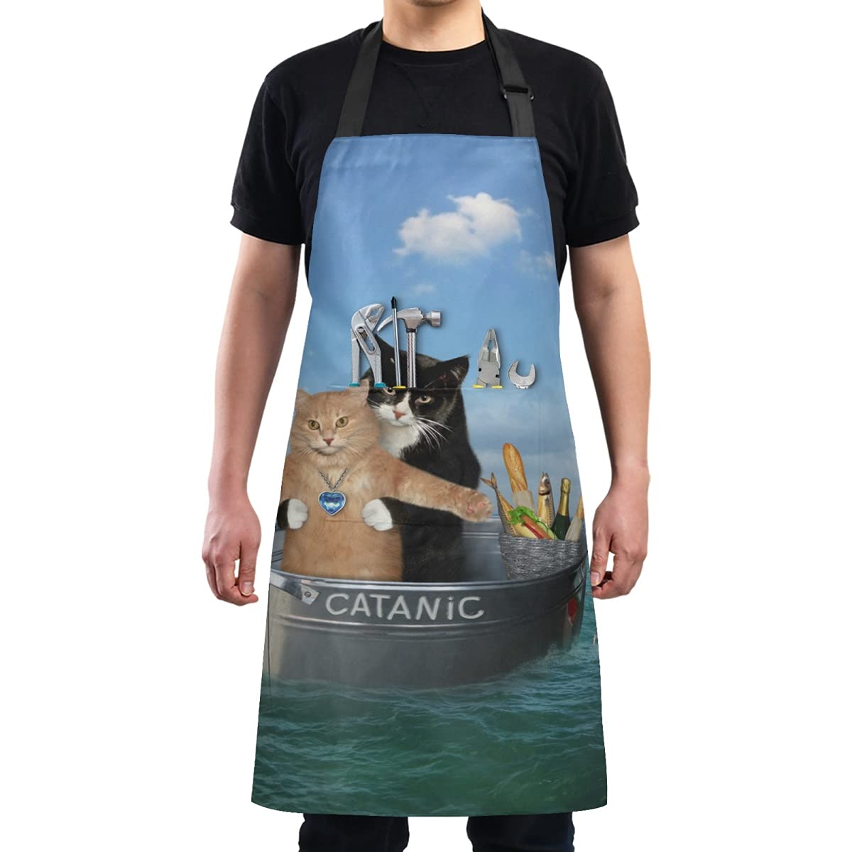 RunningBear Cat Titanic Bib Apron Waterproof Funny Apron for Restaurant, Salon, Cafe, Kitchen with Adjustable Straps Large Pocket for Women Men Chef
