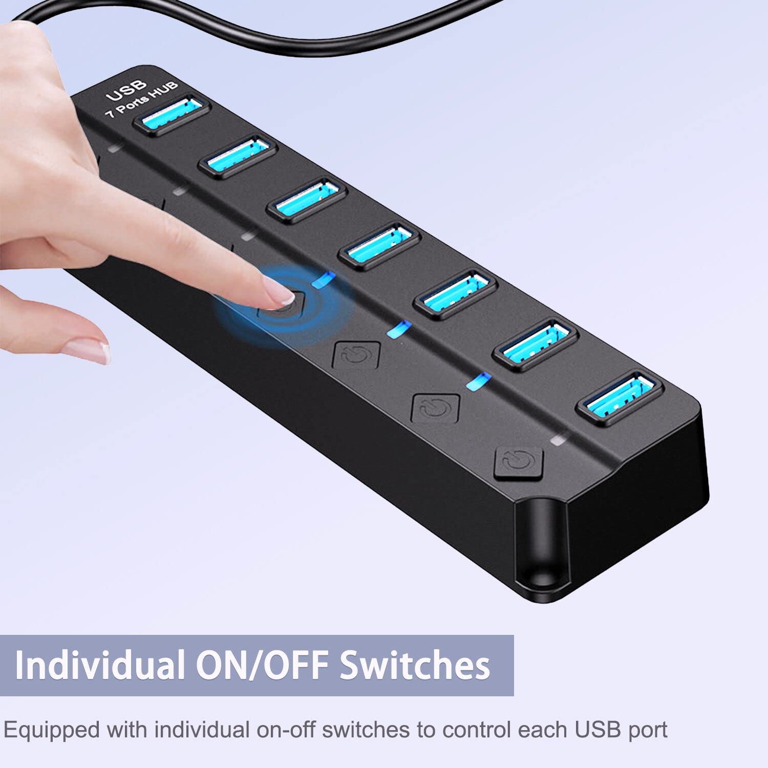 USB 3.0 Hub, AKWOR 7-Port USB Hub Splitter with Individual Switch and LED Indicator Light for Laptop, PC, MacBook, Mac Pro, Mac Mini, iMac, Surface Pro and More-1FT