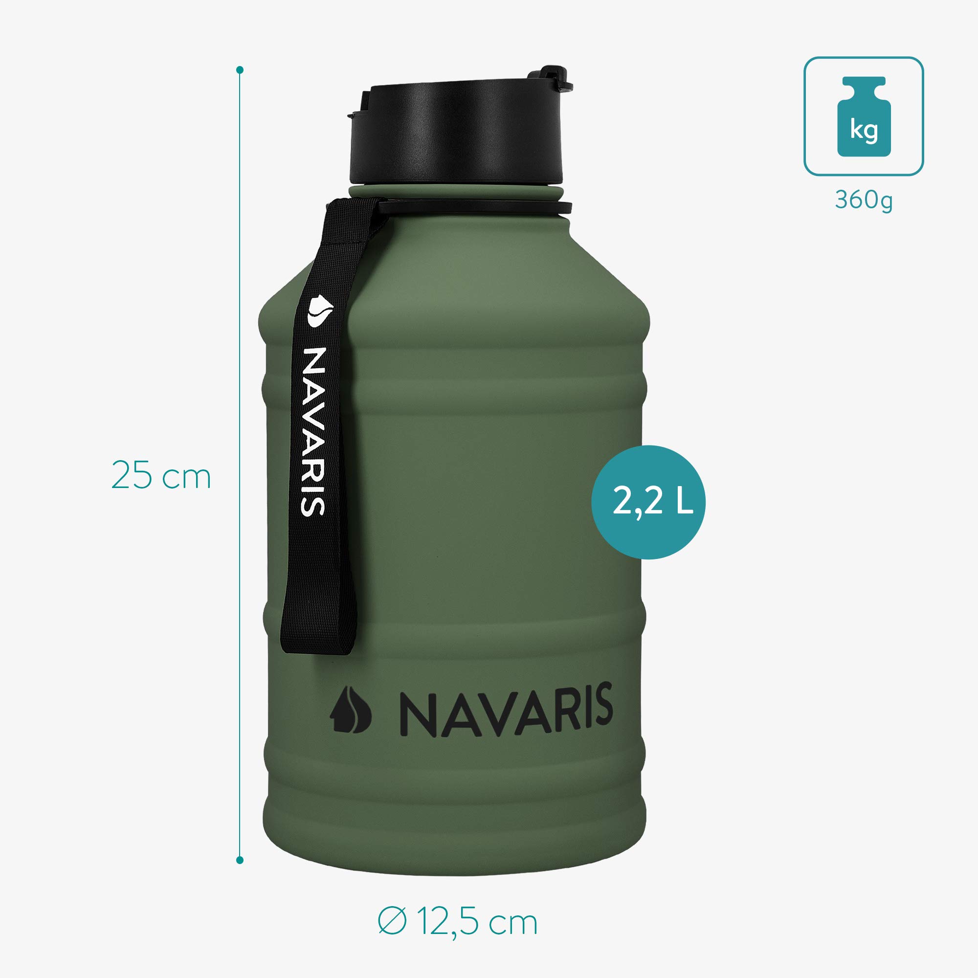 Navaris Stainless Steel Water Bottle - Single-Walled 75oz (2.2L) Big Metal Drinking Bottle for Sports, Camping, Gym - More Than Half Gallon Capacity