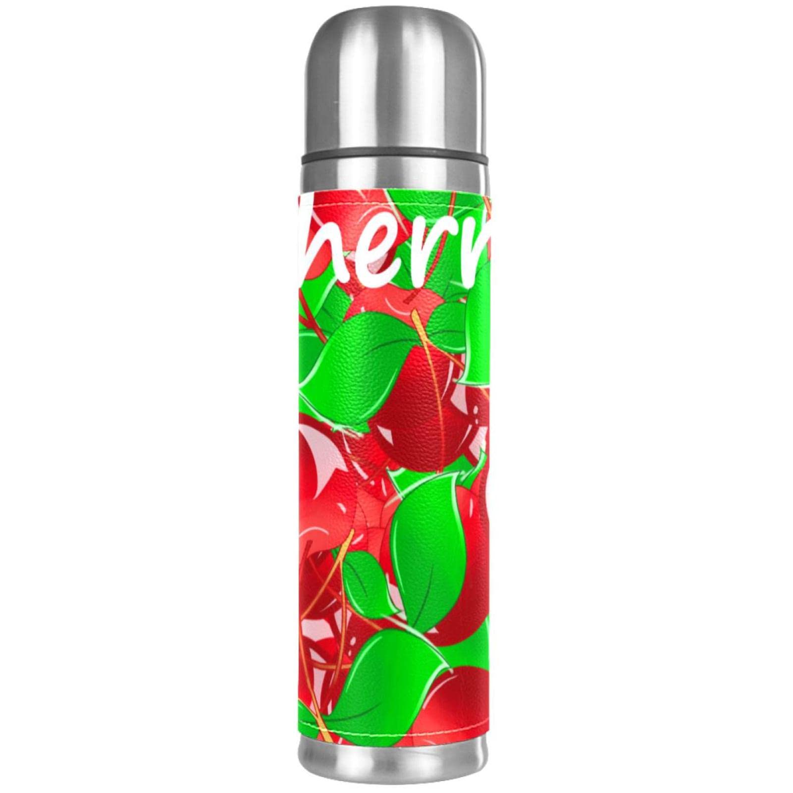 Stainless Steel Leather Vacuum Insulated Mug Cherry Thermos Water Bottle for Hot and Cold Drinks Kids Adults 16 Oz
