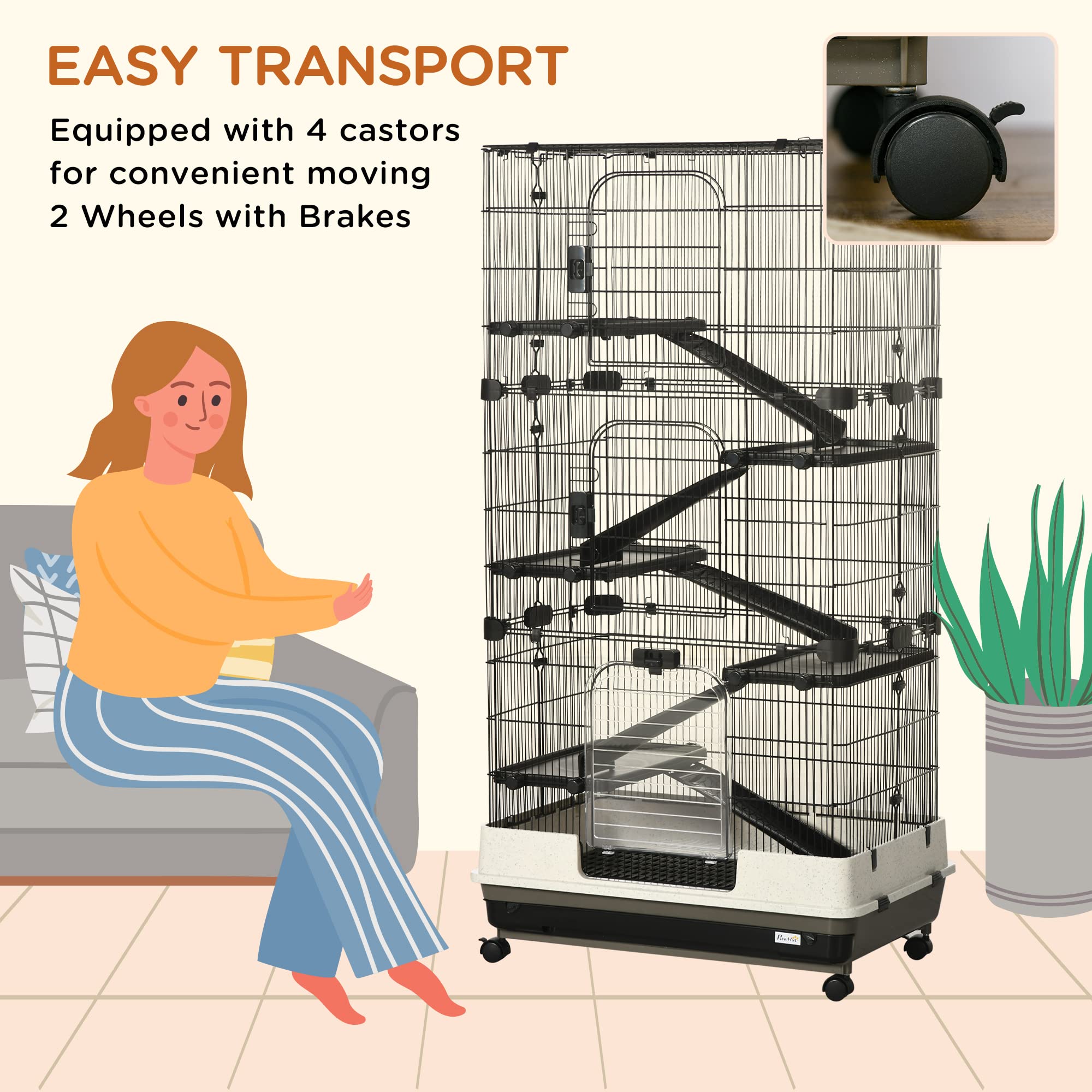 PawHut 59.5" Small Animal Cage with Wheels, 6-Level Portable Bunny Cage, Chinchilla Ferret Cage with Removable Tray, Platform and Ramp