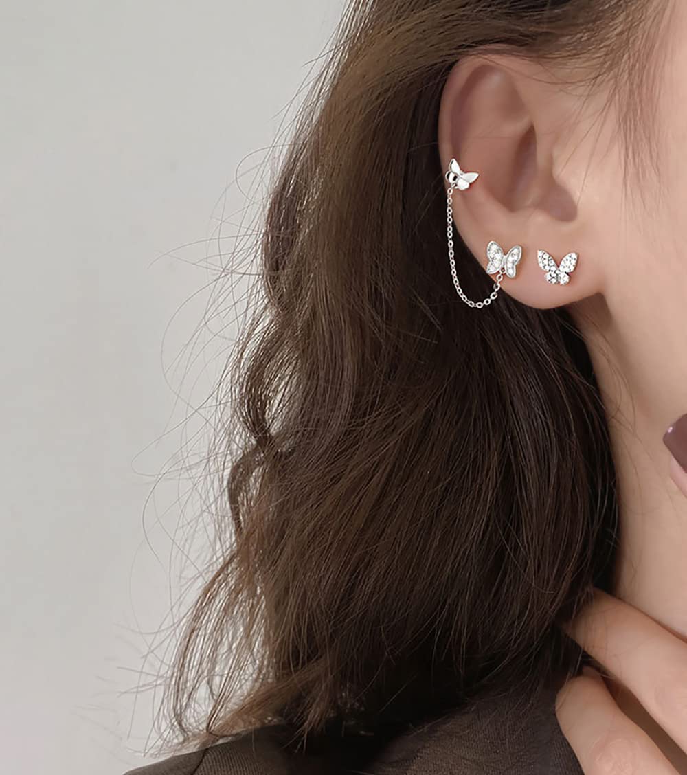 Reffeer 925 Sterling Silver Double Holes CZ Butterfly Chain Stud Earrings Two Butterfly Cuff Climber Earrings for Women Teen (Silver)