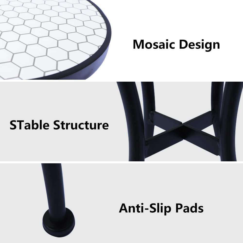 MEMAEMO Outdoor Side Table Round Small End Tables with 14" Ceramic Tile Top Metal Scrollwork Accent Table,Mosaic Coffee Tea Table for Patio, Porch, Garden, Pool (White)