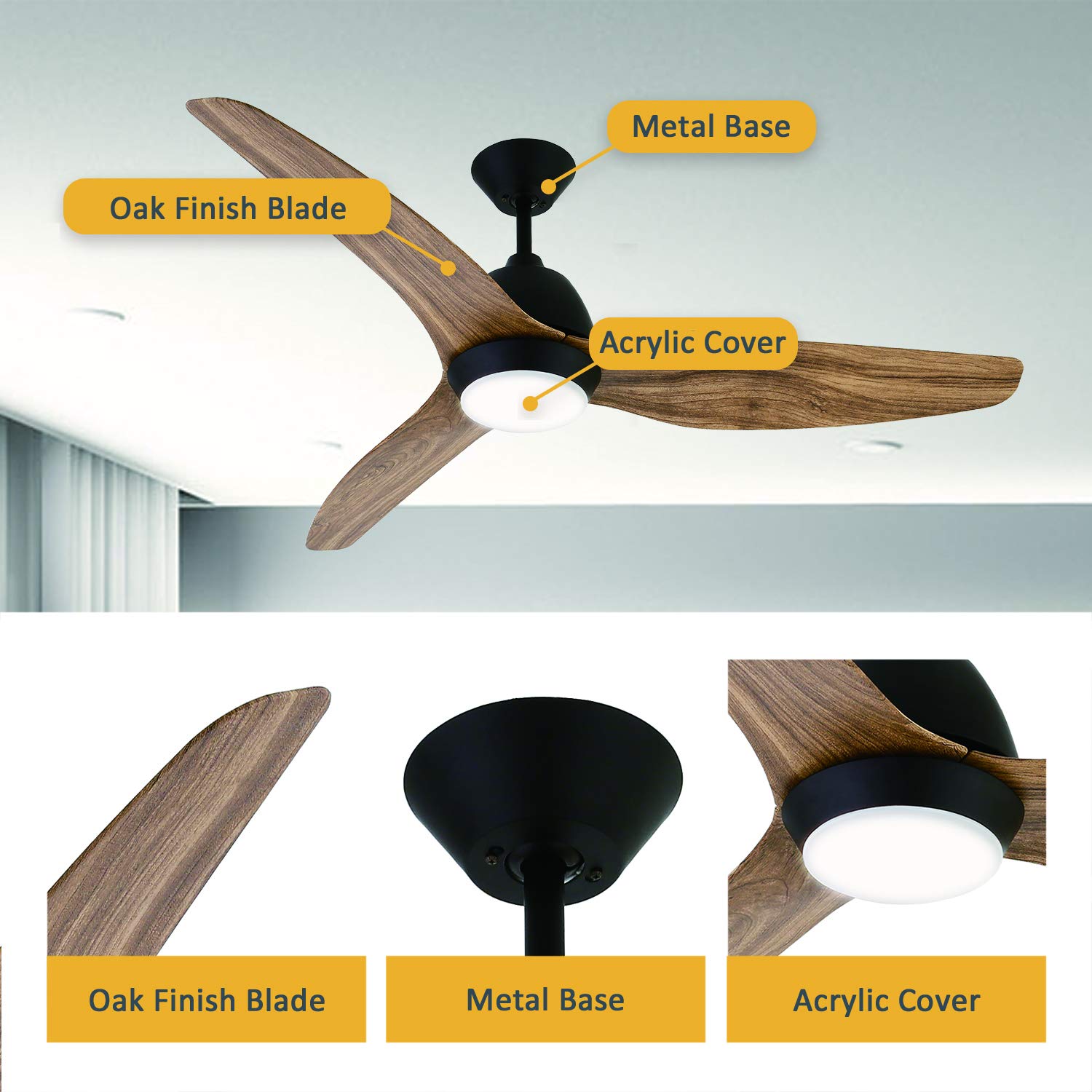 Nocolliny Modern Ceiling Fan 52" with Light, Dimmable LED, Farmhouse Style Propeller 3-Blade with Reversible Motor, Remote Control